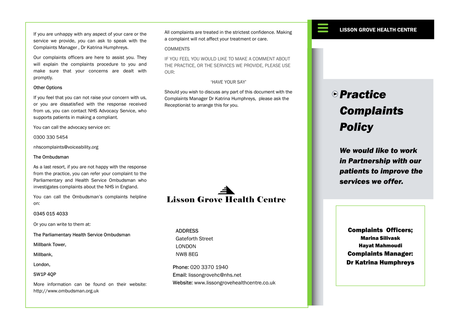 Practice Complaints Policy – Lisson Grove
